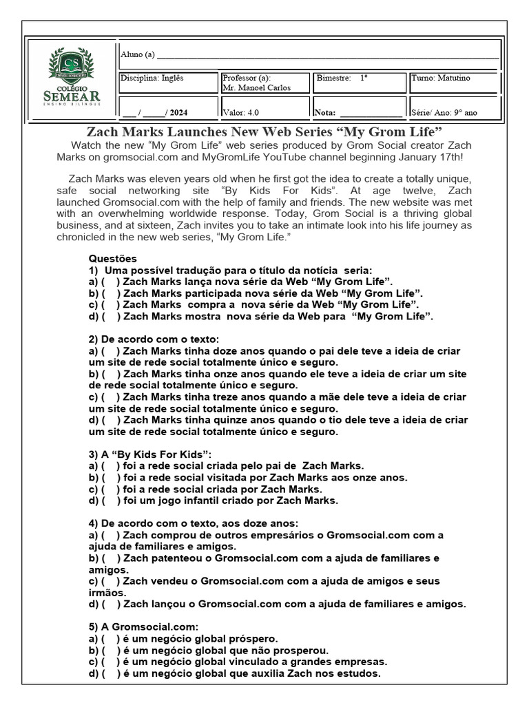 Prova 9° Ano | PDF | Jogos e Atividades