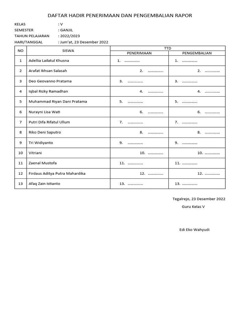 Daftar Hadir Penerimaan & Pengembalian Raport | PDF