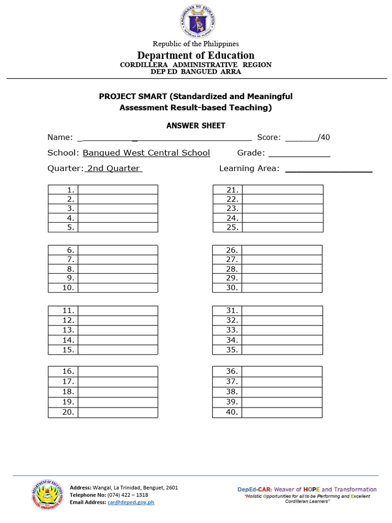 Project SMART Periodical Test Answer Sheet | PDF