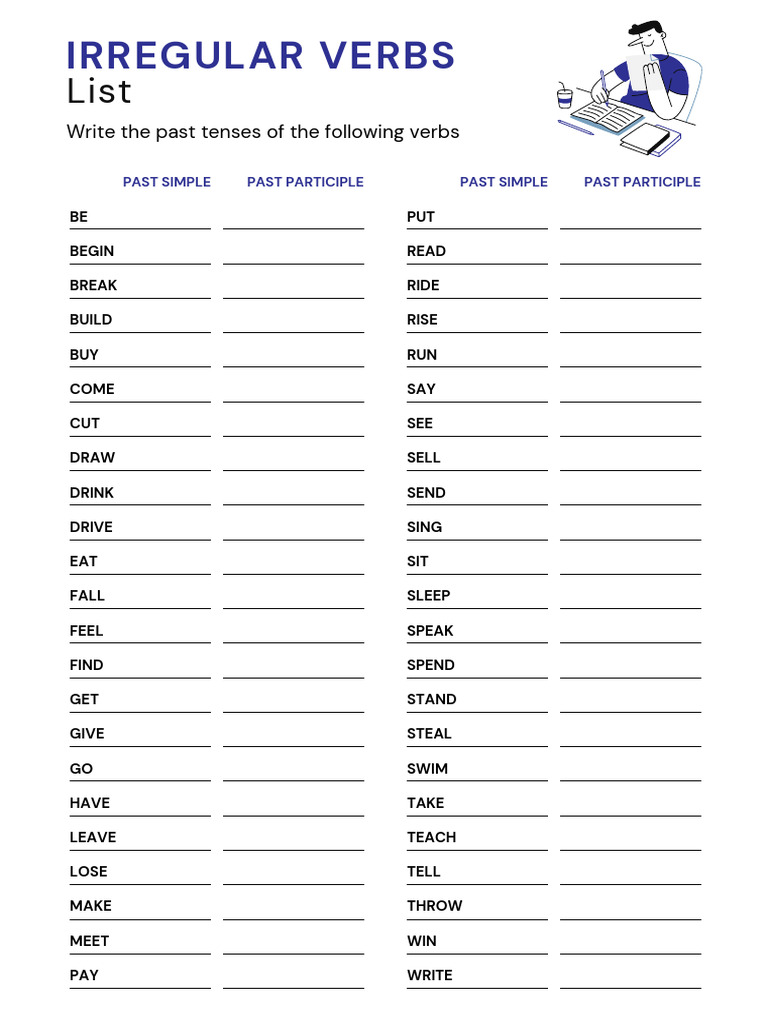 Irregular Verbs List Worksheet in Black and Blue Simple Style-2 | PDF