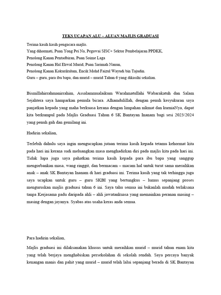 TEKS UCAPAN ALU ALUAN GRADUASI | PDF