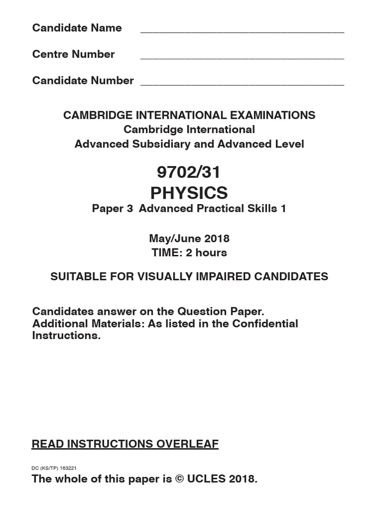 9702 Physics Advanced Practical Skills 1 Paper 03 Visually Impaired | PDF