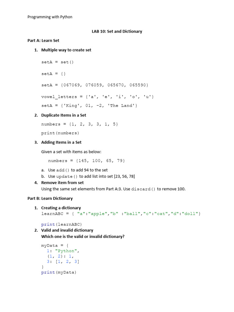Lab 10 Set And Dictionary Pdf Python Programming Language