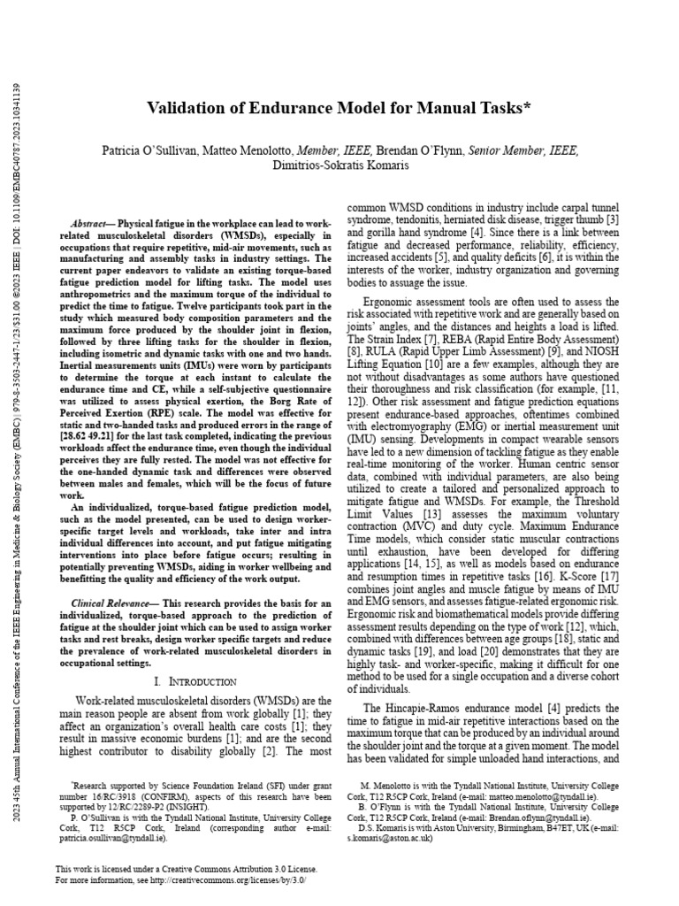 Validation of Endurance Model For Manual Tasks | PDF | Electromyography ...
