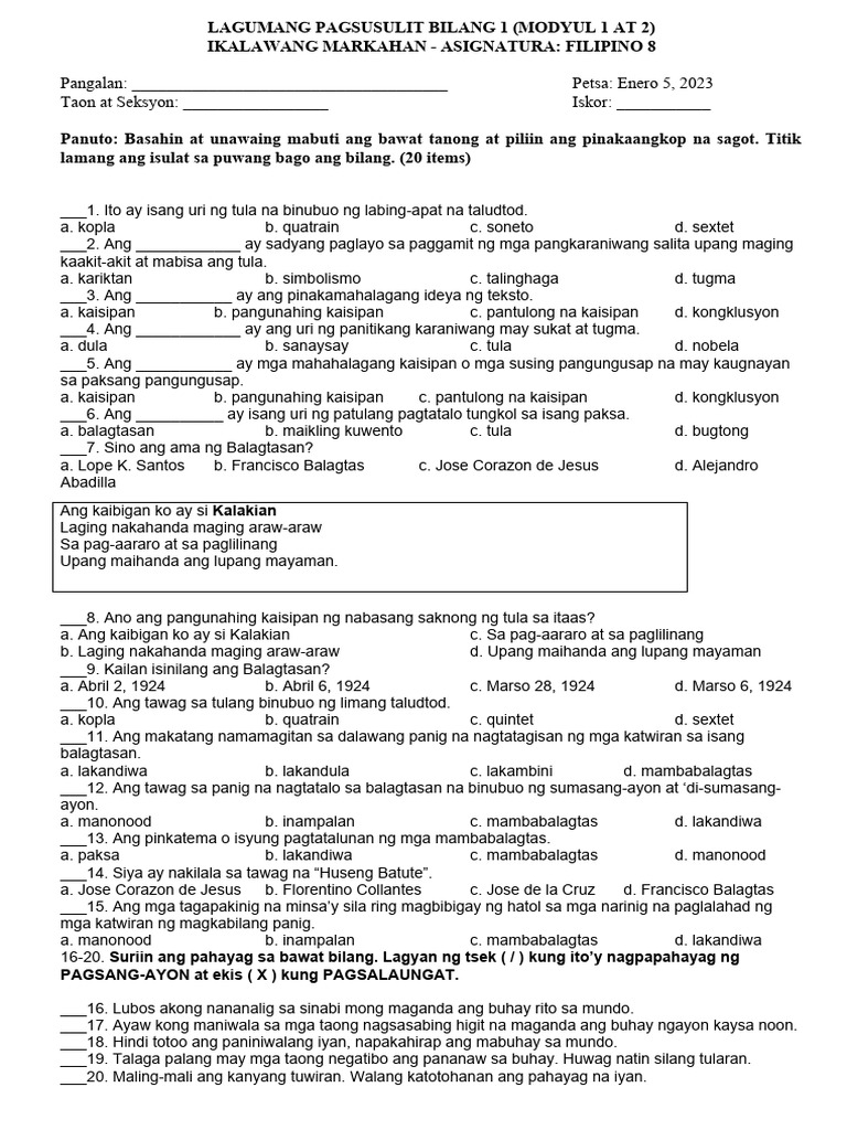 Pangalan: - Petsa: Enero 5, 2023 Taon at Seksyon: - Iskor | PDF