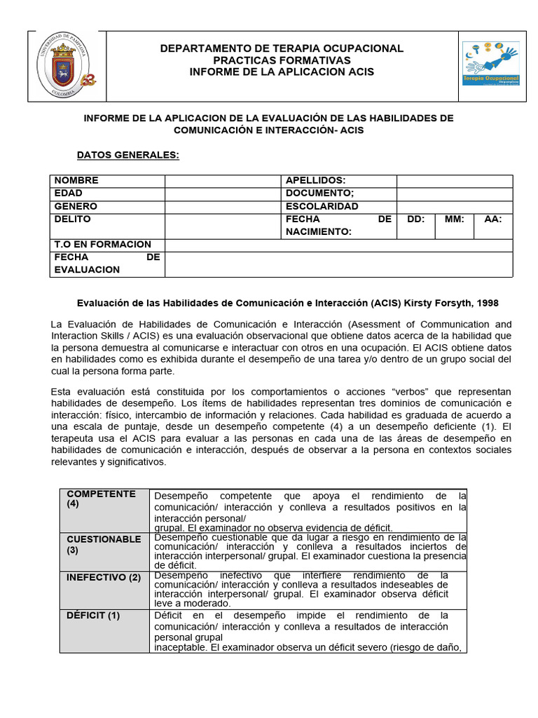 Formato ACIS | PDF | Terapia ocupacional | Sicología