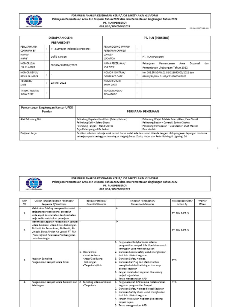 Form JSA PT PLN Labuhan Angin Mei 2022 | PDF | Teknologi & Rekayasa
