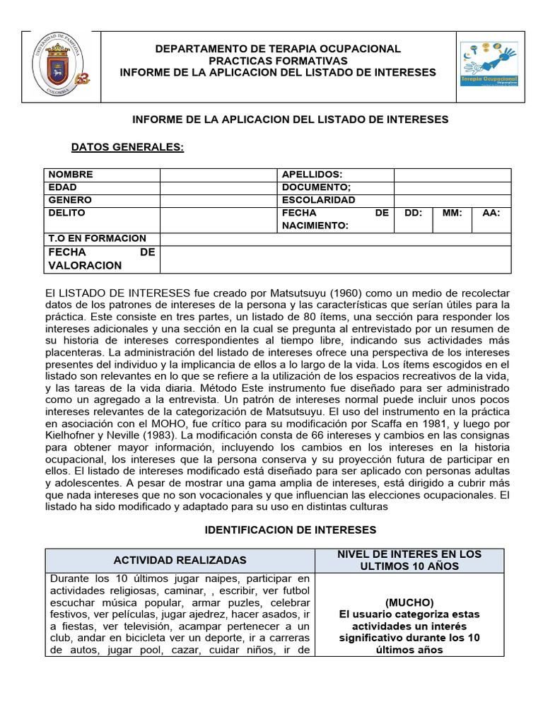 Informe sobre Listado de Intereses en Terapia | PDF