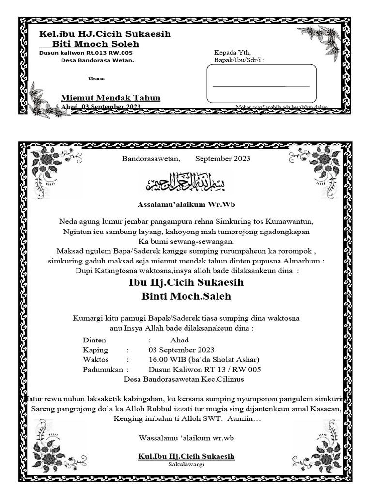 Undangan Mendak Tahun Ibu HJ Cicih Sukaesih. | PDF