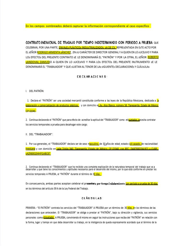PDF Contrato Individual de Trabajo Por Tiempo Indeterminado Con Periodo A Prueba | PDF | Salario ...