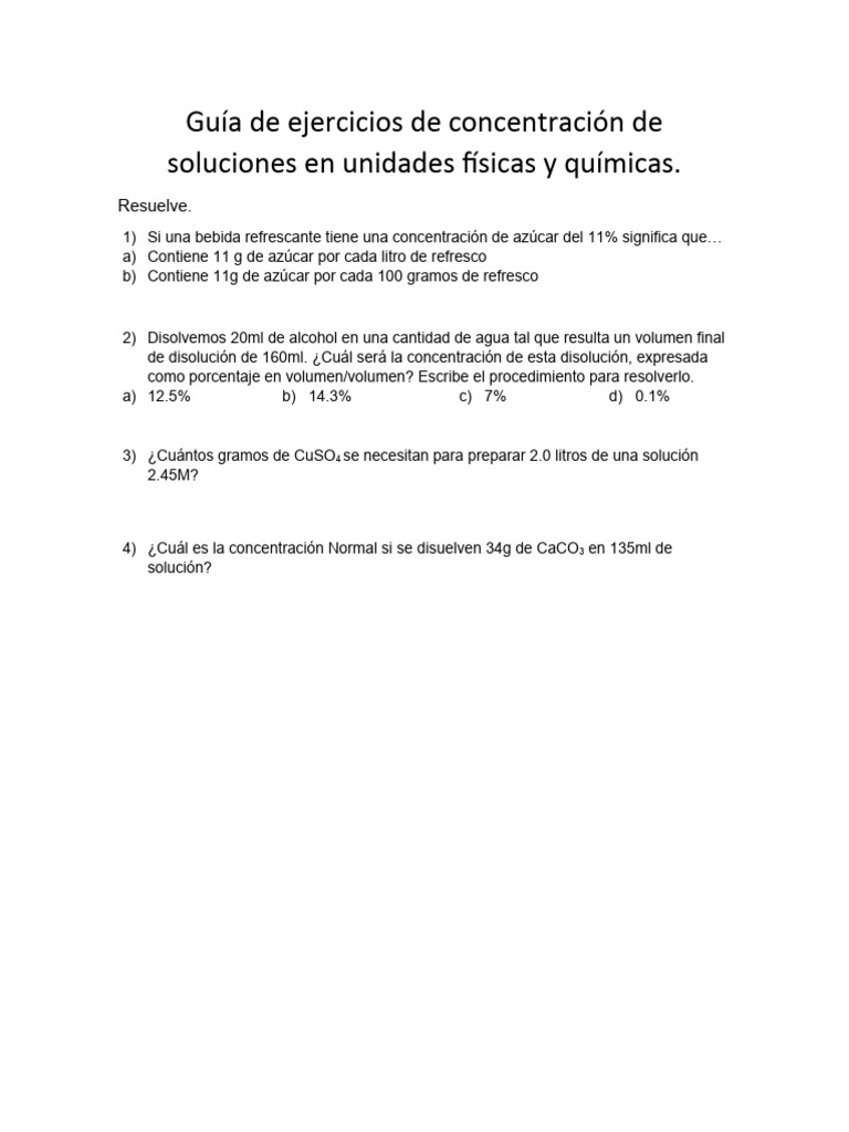 Guía de Ejercicios de Concentración de Soluciones en Unidades Físicas y Químicas | PDF