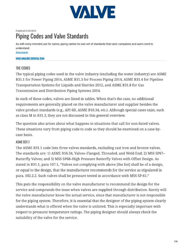 Piping Codes and Valve Standards | PDF