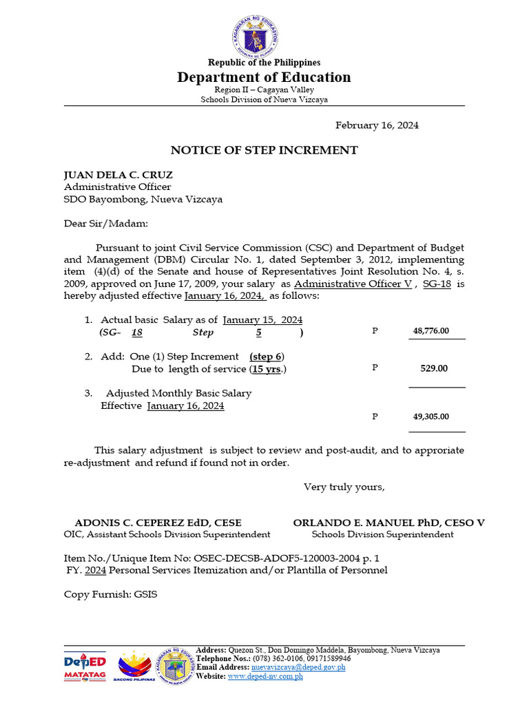 2024 Step Increment Notice for SG-18 | PDF