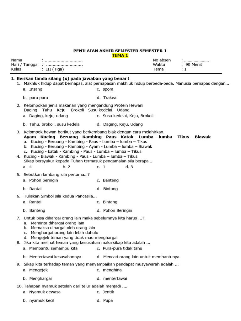 Soal PAS Kelas 3 Tema 1 - Kamimadrasah | PDF