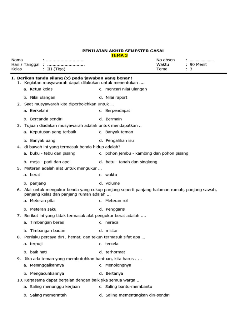 Soal PAS Kelas 3 Tema 3 - Kamimadrasah | PDF | Metode & Bahan Ajar | Griya & Taman