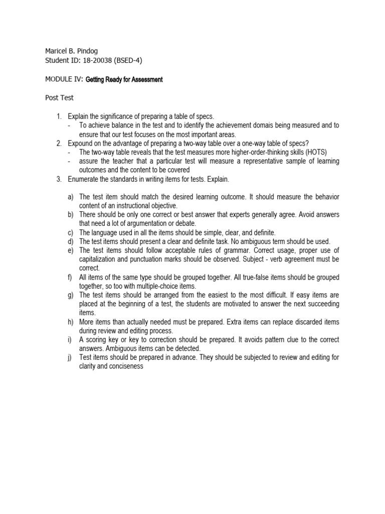 module 4 - Getting Ready for Assesment - Table of Specification | PDF ...