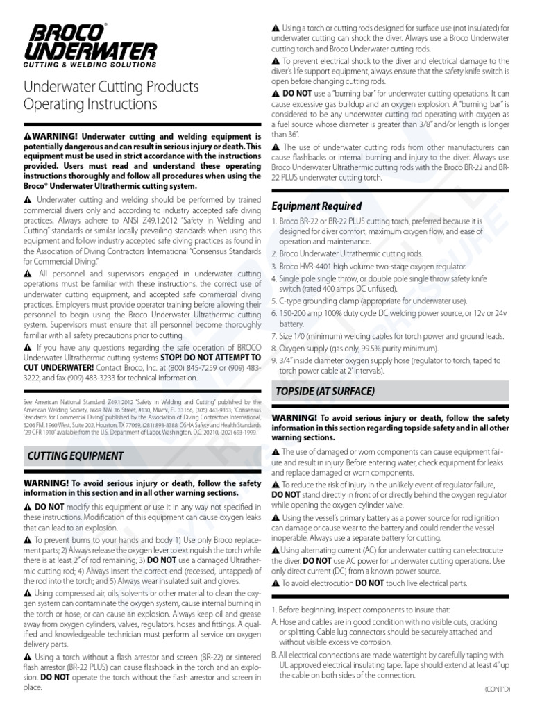 Broco Uw Cutting Products Operating Instructions | PDF | Scuba Diving ...