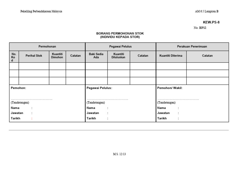 Kew - Ps 8 Borang Permohonan Stok Individu Kepada Stor | PDF
