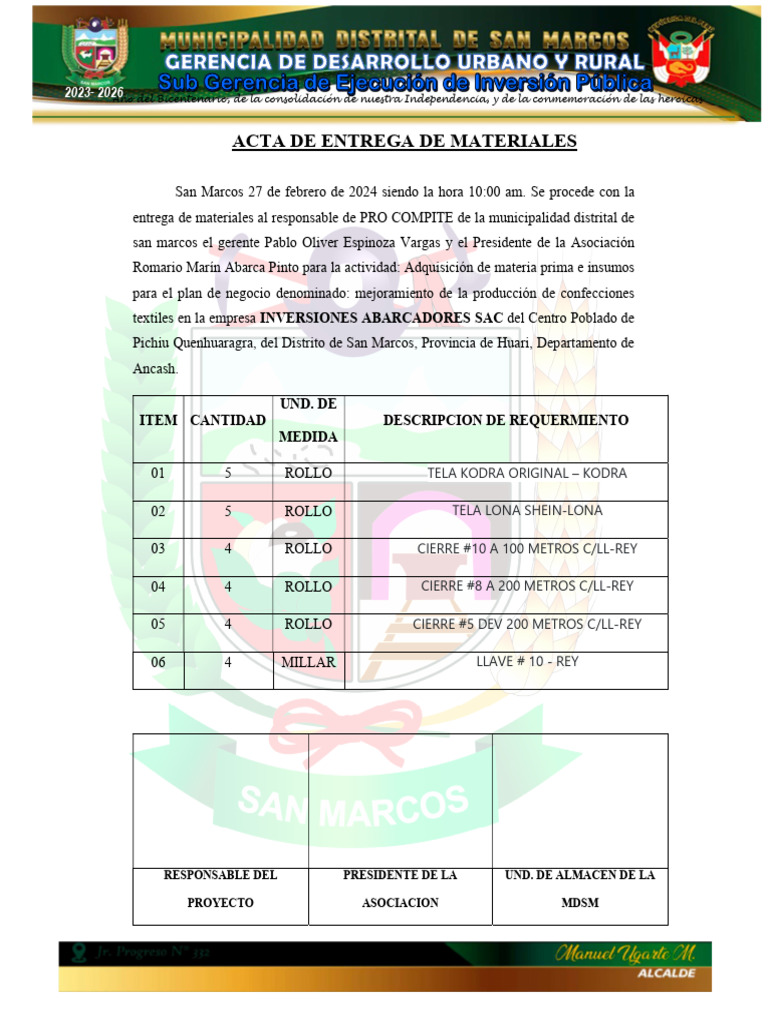 ACTA DE REEPCION DE MATERIALES | PDF