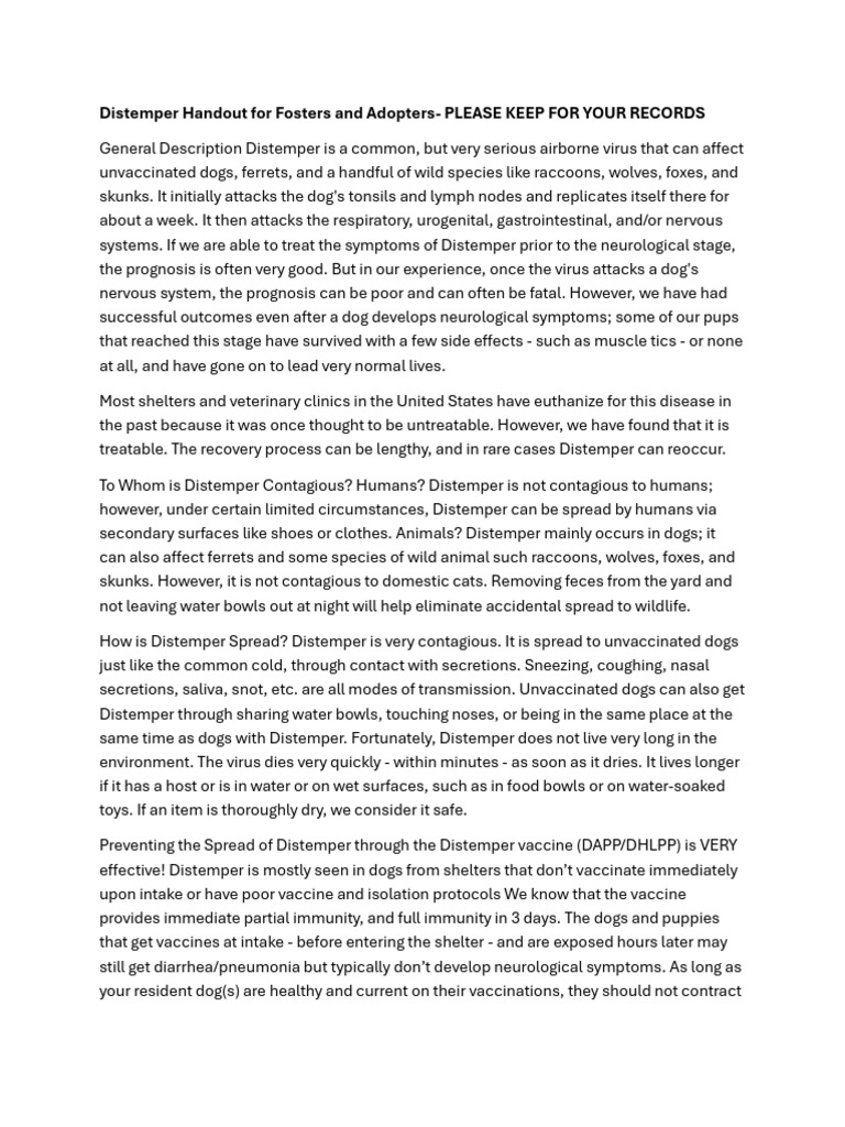 Distemper Handout For Fosters and Adopters Distemper | PDF | Immunology ...