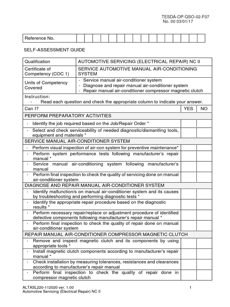 SAG - Automotive Servicing (Electrical Repair) NC II (COC 1) | PDF ...