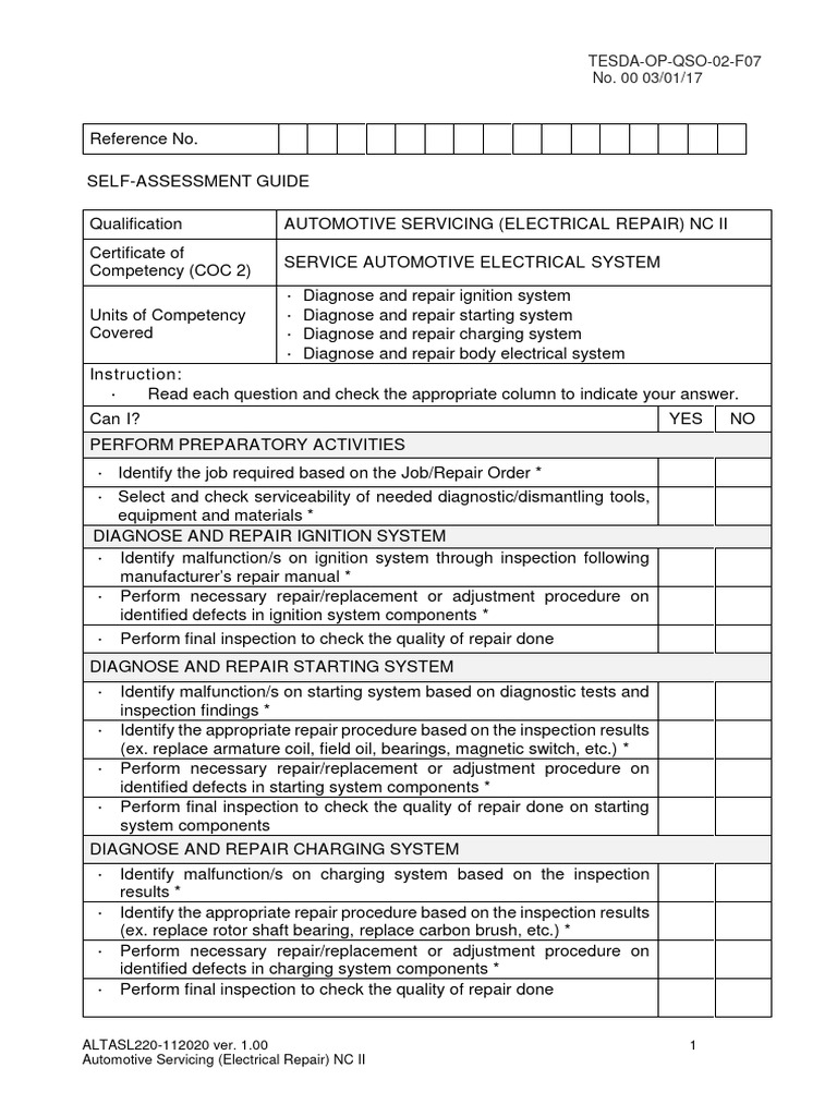 SAG - Automotive Servicing (Electrical Repair) NC II (COC 2) | PDF | Safety