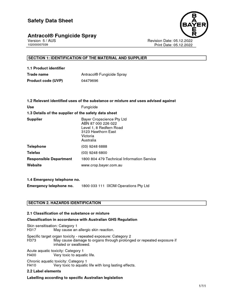 Antracol Fungicide Spray SDS | PDF | Toxicity | Dangerous Goods