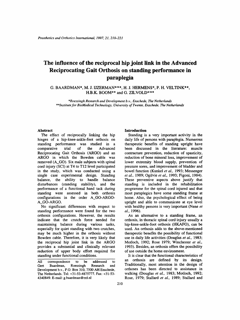 The Influence of The Reciprocal Hip Joint Link in The Advanced Reciprocating Gait Orthosis On ...