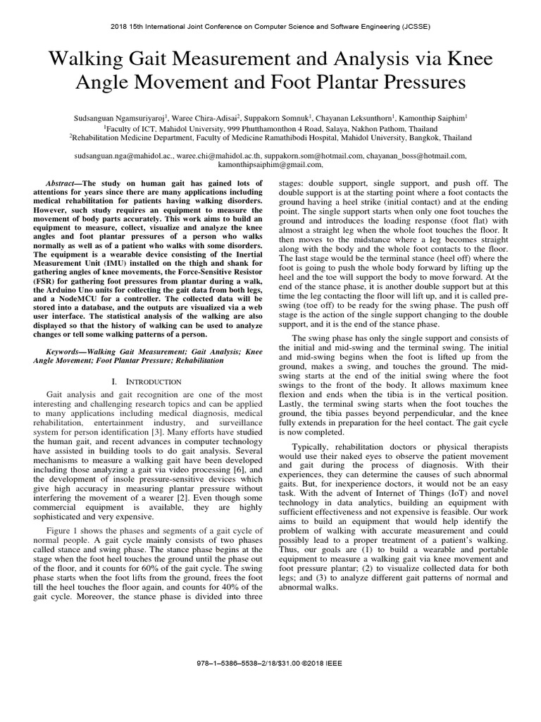 Walking Gait Measurement and Analysis via Knee Angle Movement and Foot Plantar Pressures | PDF ...