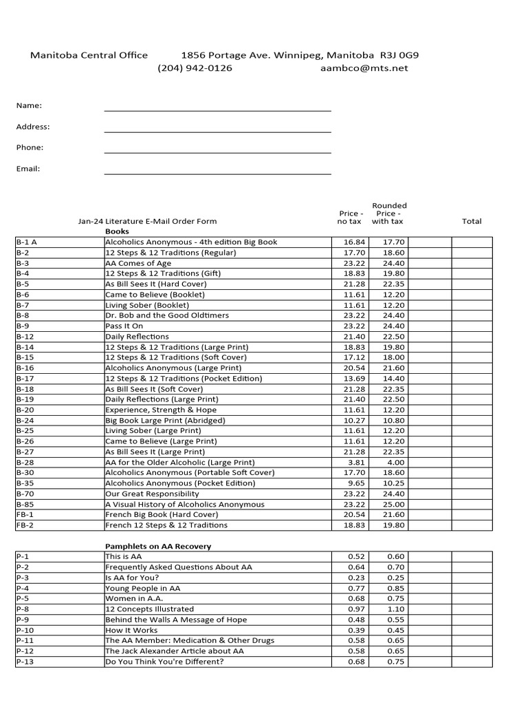 Manitoba AA Literature Order Form | PDF | Alcoholics Anonymous | Twelve ...