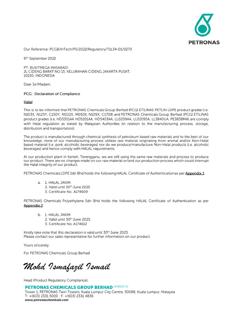 Halal Compliance for PETRONAS PETLIN Products | PDF