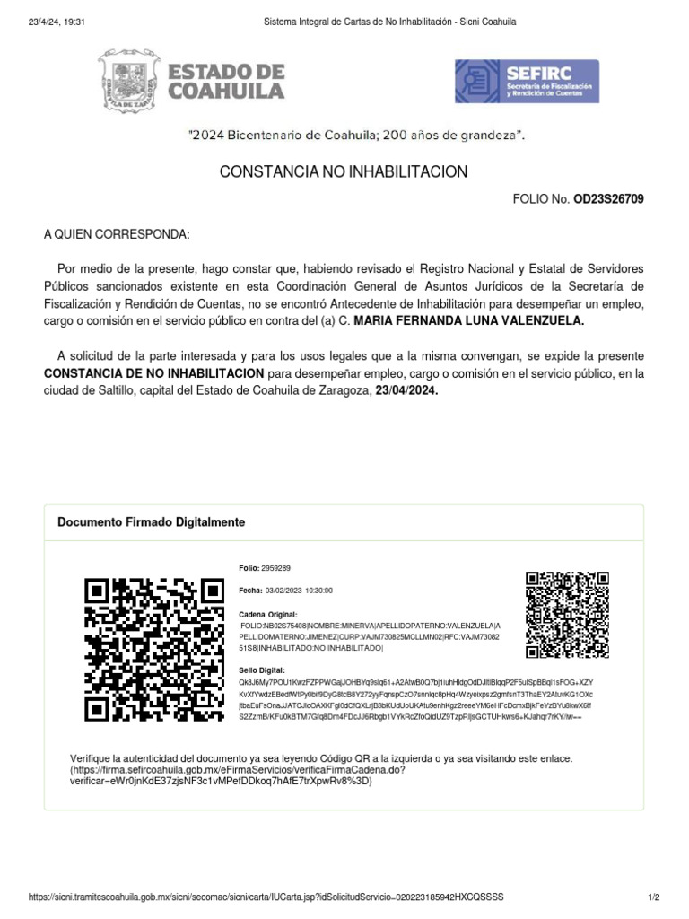 Sistema Integral de Cartas de No Inhabilitación - Sicni Coahuila | PDF ...