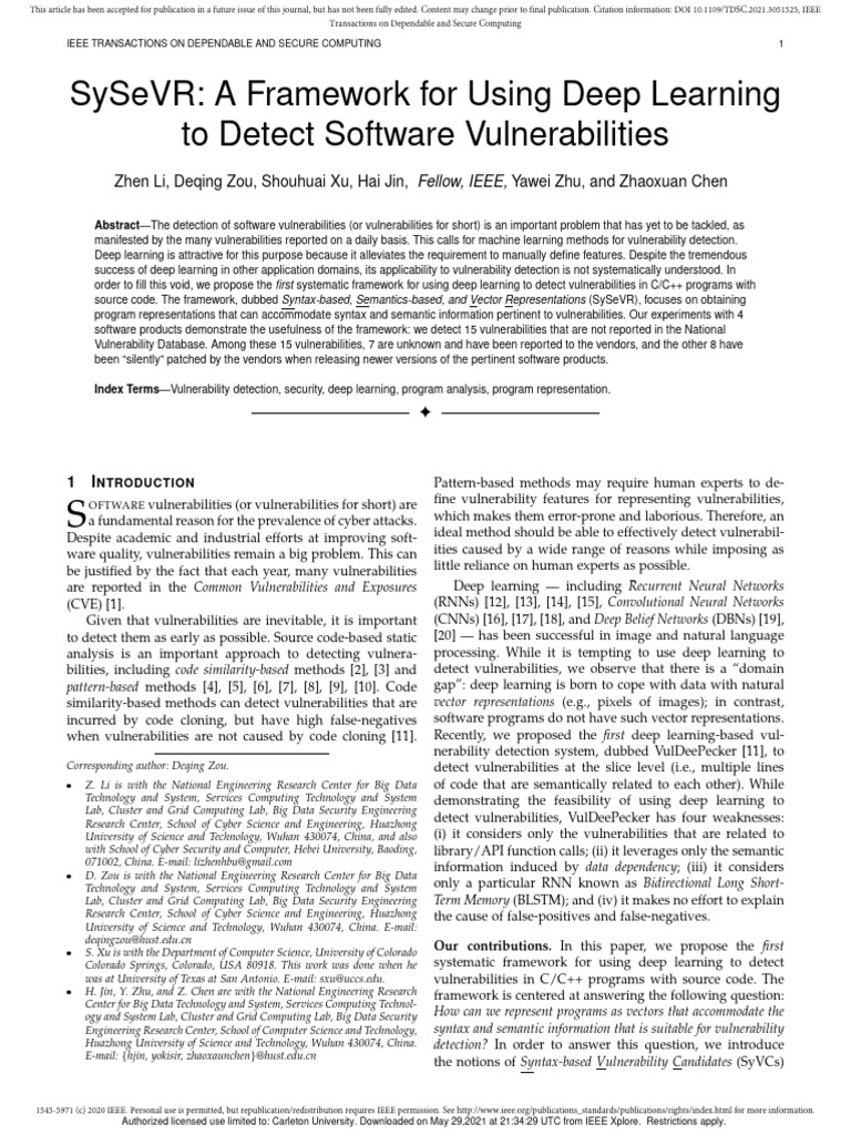 SySeVR: Deep Learning for Vulnerability Detection | PDF | Deep Learning ...