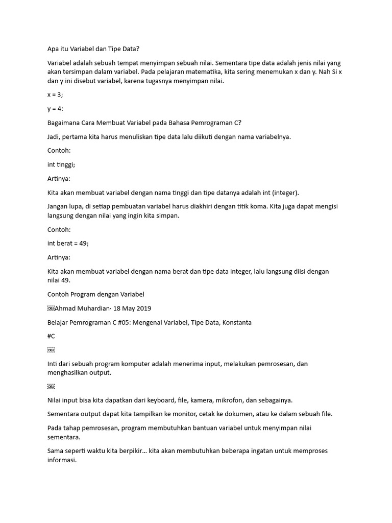 Panduan Variabel dan Tipe Data C | PDF