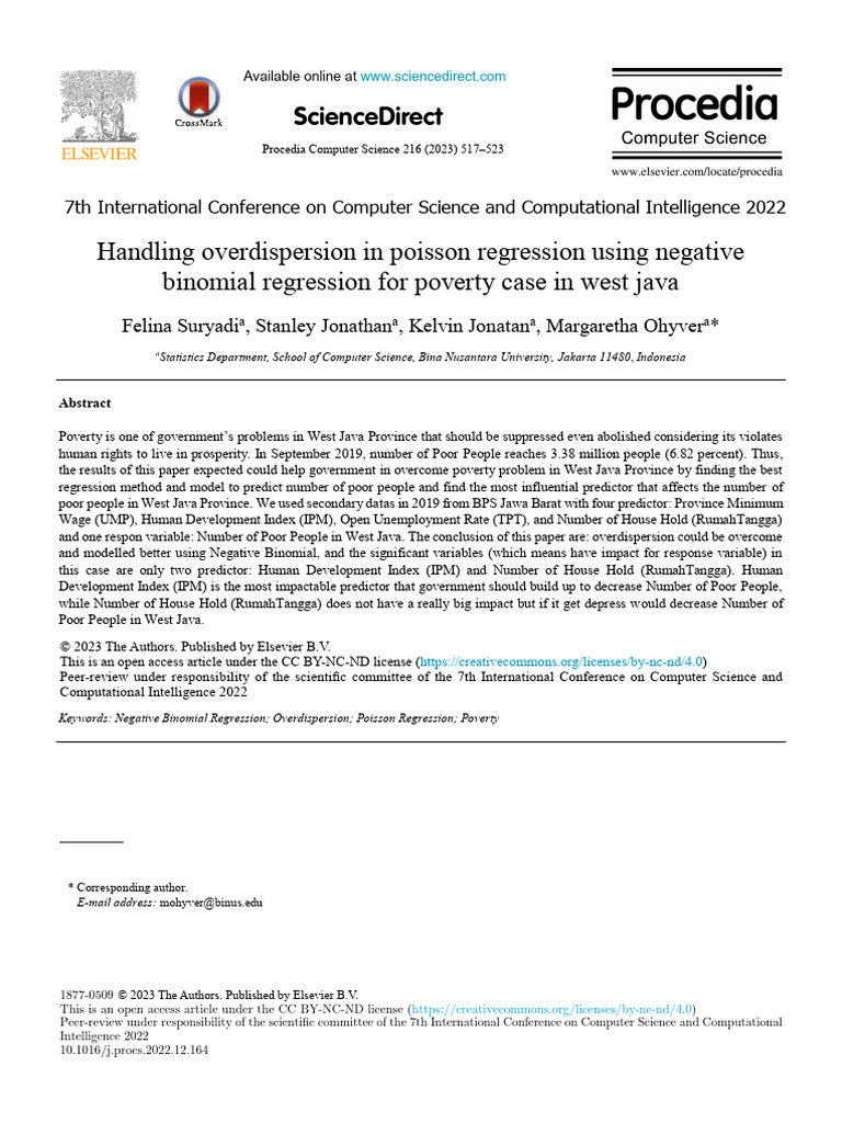 Handling Overdispersion In Poisson Regression Using Negative Binomial Regression For Poverty 