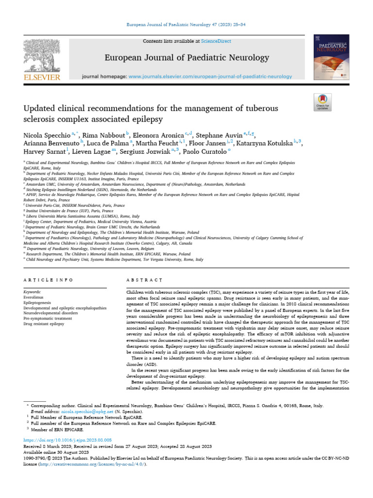 2023 - Updated clinical recommendations for the management of tuberous sclerosis complex ...