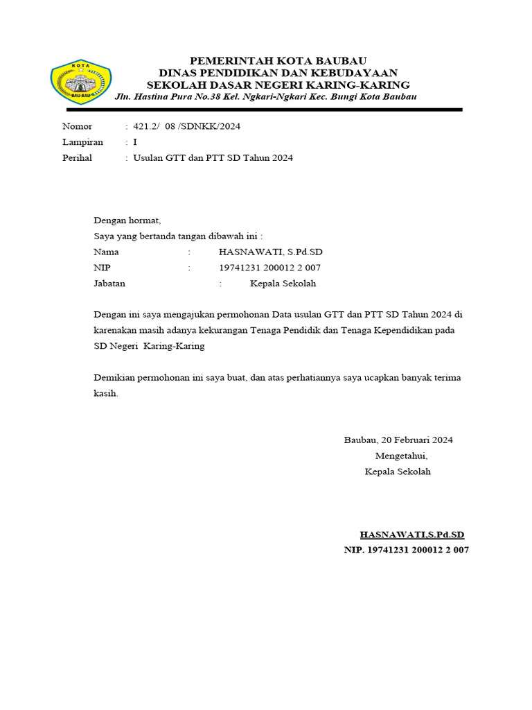 Permohonan Usulan GTT & PTT SDN Karing-Karing 2024 | PDF