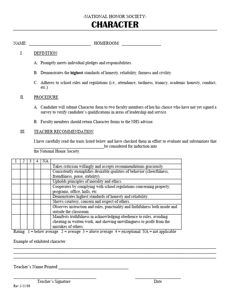 NHS Character Form Sample | PDF | Teachers | Academic Dishonesty