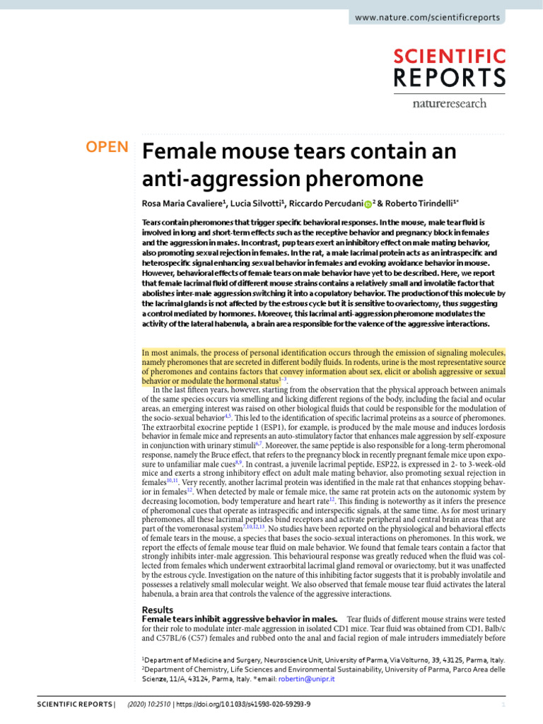(2020) Female mouse tears contain an anti-aggression pheromone ...