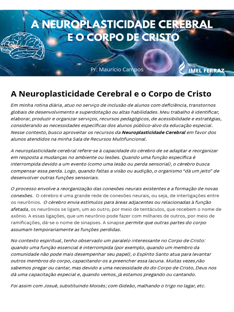 A Neuroplasticidade Cerebral e o Corpo de Cristo | PDF | Neuroplasticidade | Cérebro