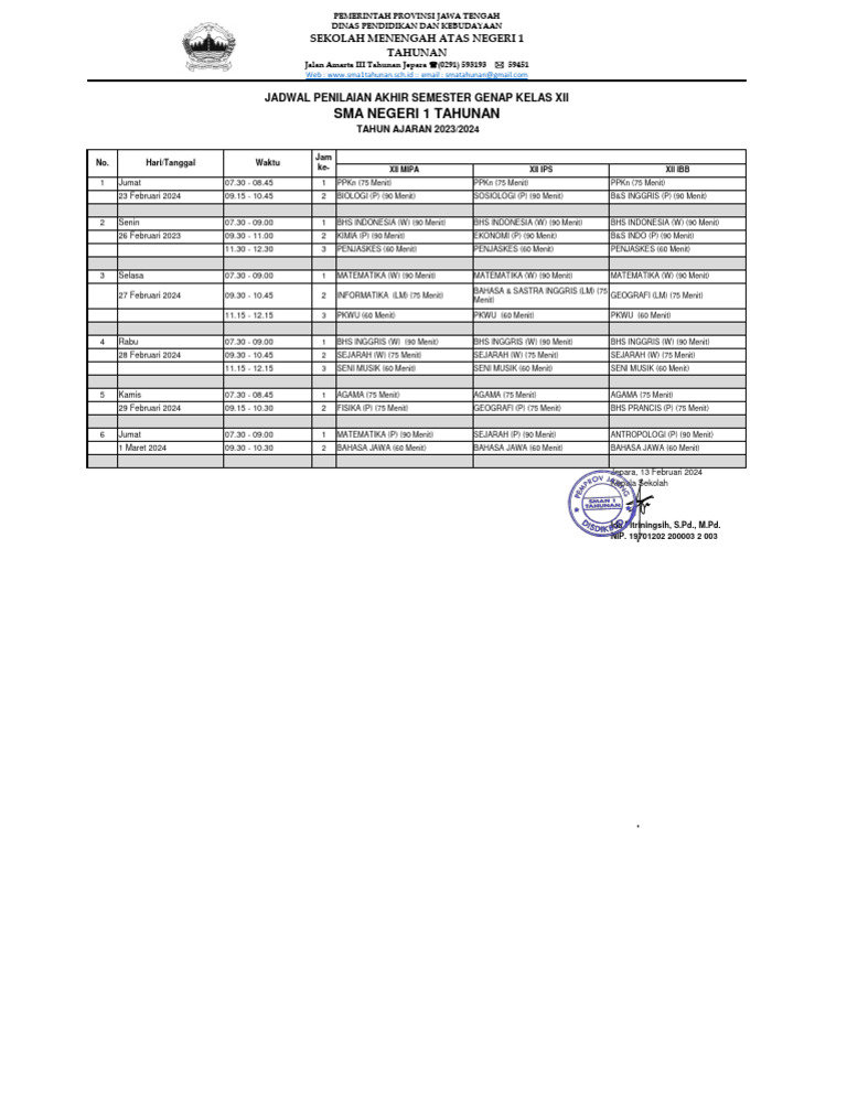 Jadwal PTS Dan PAS Genap SMA N 1 Tahunan TP. 2023-2024 | PDF