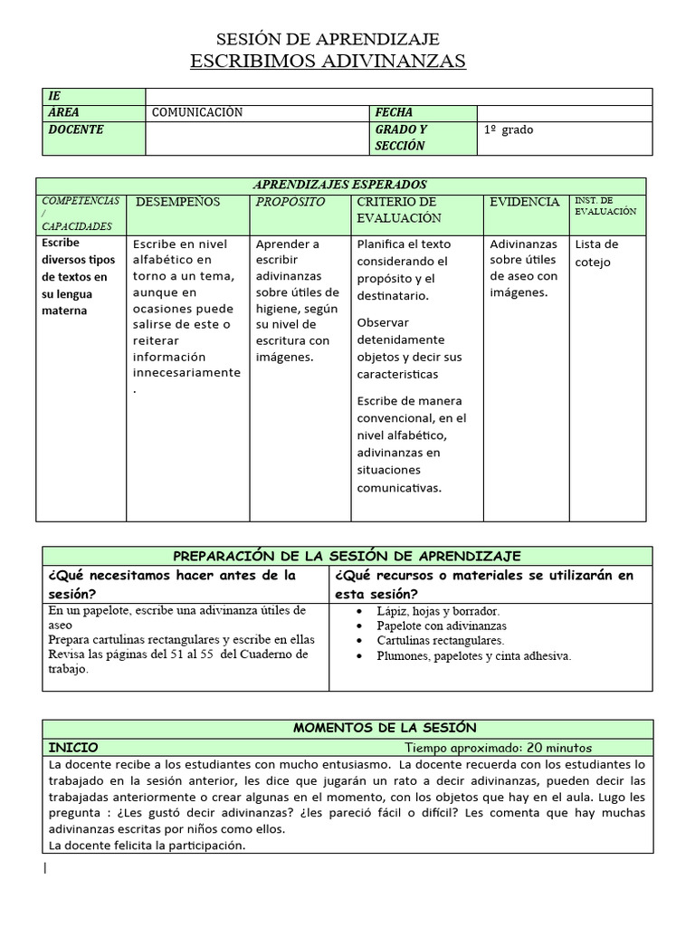 1° Escribimos Adivinanzas | PDF | Evaluación