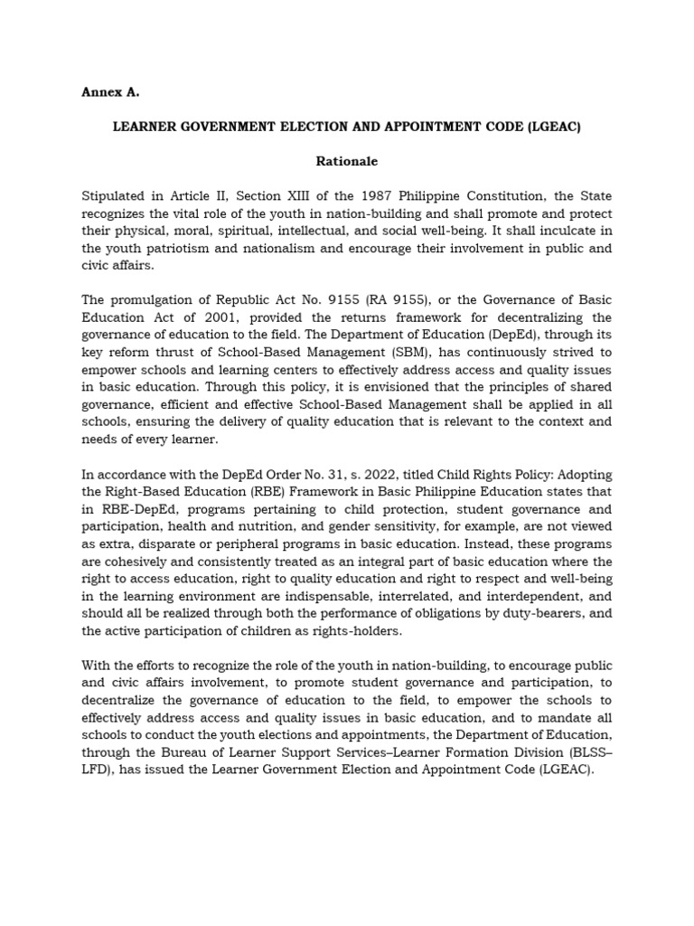 ANNEX A - Learner Government Election and Appointment Code LGEAC | PDF ...
