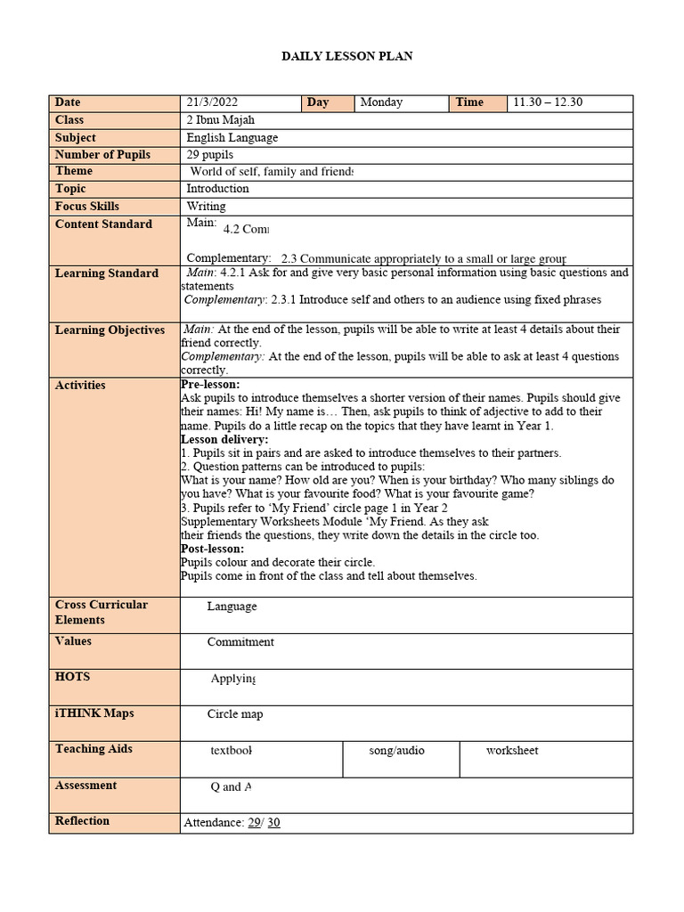 DAILY LESSON PLAN 2022 | PDF | Lesson Plan | Teachers