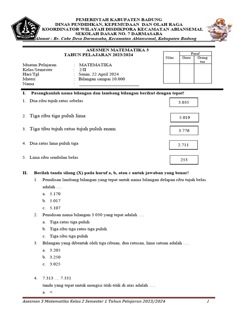 Soal Matematika Kelas 2 Bilangan Sampai 10000 | PDF