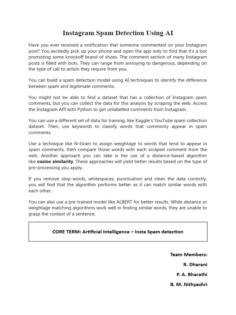 Instagram Spam Detection Using AI | PDF