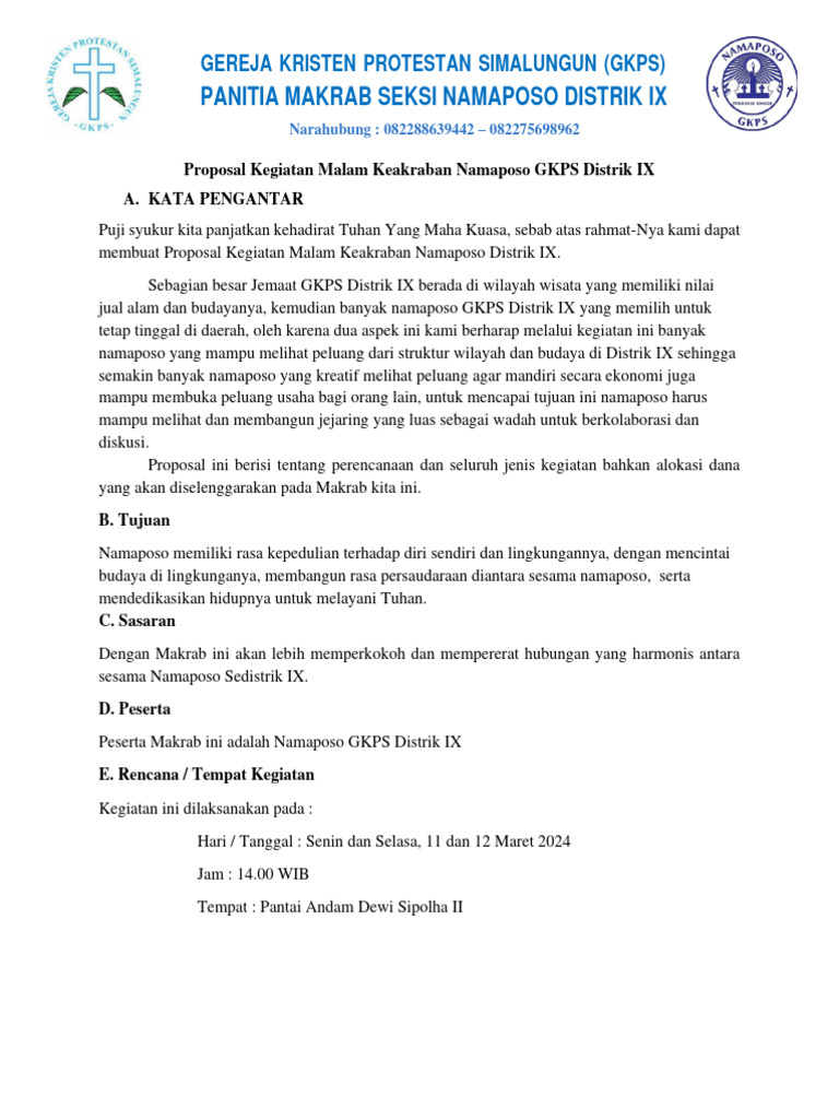 Proposal Makrab Namaposo GKPS IX | PDF