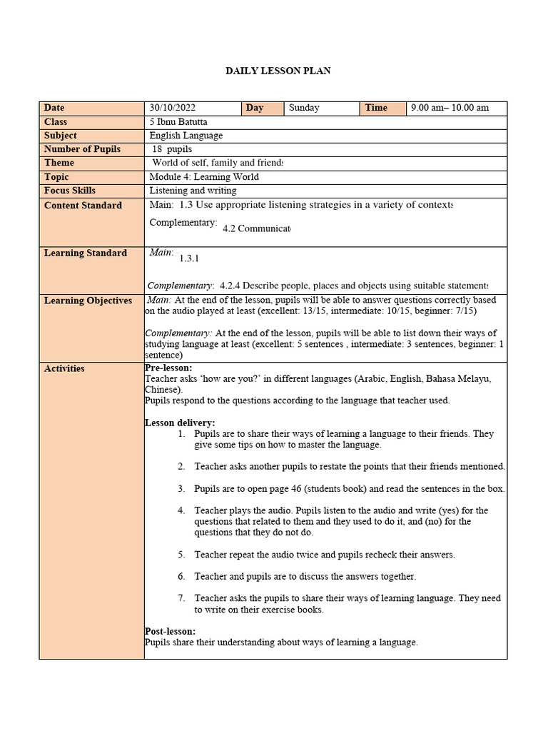 DAILY LESSON PLAN Presentation | PDF | Lesson Plan | Teachers