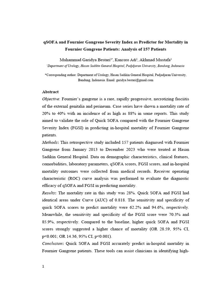 qSOFA and Fournier Gangrene Severity Index As Predictor For Mortality ...