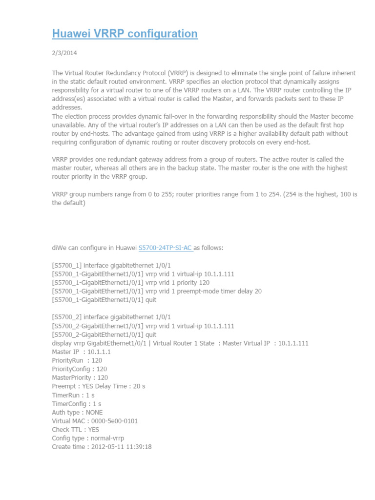 Huawei VRRP Configuration | PDF | Router (Computing) | Telecommunications